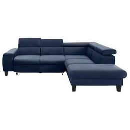 Ecksofa COTTA "Morven L-Form" Sofas Gr. B/H/T: 249cm x 75cm x 207cm, Samtvelours, Ottomane rechts, mit Bettfunktion-mit Bettkasten-mit Ladestation-mit Kopfteilverstellung, blau Kopfteilverstellung, wahlweise mit Bettfunktion und Bettkasten