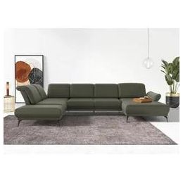 Wohnlandschaft Inosign "Coco U-Form" Sofas Gr. B/H/T: 382cm x 88cm x 242cm, Feincord, mega-Recamiere rechts, ohne Sitztiefenverstellung-ohne Armteilverstellung-ohne Kopfteilverstellung-mit Federkern, grün (olive) Sitztiefen-, Arm- und Kopfteilverstellung, Cord-Bezug, Fußhöhe 15 cm