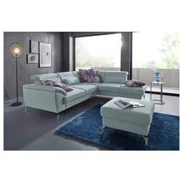 Sit & More Ecksofa SIT & MORE "Percy L-Form" Sofas Gr. B/T: 270cm x 235cm, Feinstruktur, Ottomane rechts, mit Kopfteilverstellung-mit satiniertem Nickelfuß, blau (aqua) 12 cm Fußhöhe, Sitztiefenverstellung, wahlweise in 2 Fußfarben