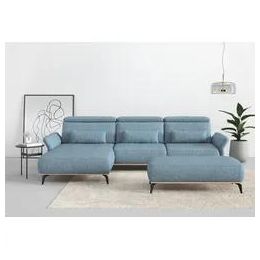 Ecksofa Places of Style "Fjord L-Form" Sofas Gr. B/H/T: 324 cm x 93 cm x 184 cm, Flachgewebe AMSTERDAM, mega-Recamiere links, mit Armlehnfunktion-mit Kopfteilverstellung-mit Sitztiefenverstellung-ohne Rückenneigung-mit Federkern, blau (eisblau) massiv, wahlweise mit Armlehnfunktion, Kopf- Sitztiefenverstellung