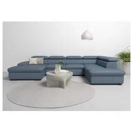 Wohnlandschaft Home Affaire "Alberto U-Form" Sofas Gr. B/H/T: 350cm x 73cm x 228cm, NaturLEDER, Recamiere links, mit Bettfunktion-Bett mit Stoff bezogen, blau (graublau) inkl. Kopfteilverstellung, wahlweise mit Bettfunktion