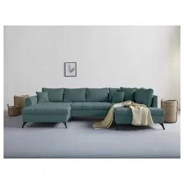 Wohnlandschaft Inosign "Lörby U-Form" Sofas Gr. B/H/T: 339 cm x 90 cm x 190 cm, Luxus-Microfaser weich, Ottomane rechts, Luxus Microfaser weich, blau (petrol) auch mit Aqua clean-Bezug, feine Steppung im Sitzbereich, lose Kissen