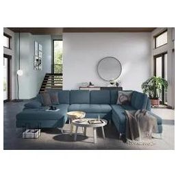 Sit & More Wohnlandschaft SIT&MORE "Latigo U-Form" Sofas Gr. B/T: 326 cm x 201 cm, Flachgewebe, Recamiere links, mit Bettfunktion-mit Bettkasten, blau (pacific) mit Recamiere, wahlweise Bettfunktion und Bettkasten