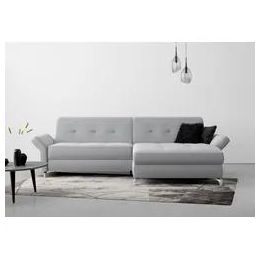 Ecksofa Inosign "Maredo L-Form" Sofas Gr. B/H/T: 284 cm x 89 cm x 179 cm, Samtoptik, mega-Recamiere rechts, mit Kopfteilverstellung, mit Armteilfunktion, mit Vorziehsitz motorisch und mit Bettkasten, grau (hellgrau) Federkern, wahlweise auch mit Kopfteil- und Armlehnverstellung