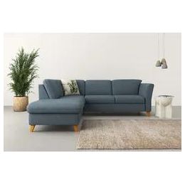 Ecksofa Home Affaire "Trelleborg L-Form" Sofas Gr. B/H/T: 252cm x 86cm x 213cm, Struktur, Ottomane links, ohne Bettfunktion-ohne Stauraum, blau (blaugrau) Federkern-Polsterung, wahlweise mit Bettfunktion und Stauraum