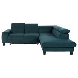 Ecksofa COTTA "Morven L-Form" Sofas Gr. B/H/T: 249 cm x 75 cm x 207 cm, Samtvelours, Ottomane rechts, mit Bettfunktion-mit Bettkasten-mit Ladestation-mit Kopfteilverstellung, blau (petrol) Kopfteilverstellung, wahlweise mit Bettfunktion und Bettkasten