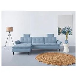 Ecksofa Inosign "Birkholm L-Form" Sofas Gr. B/H/T: 267cm x 83cm x 174cm, Olympia EASY CLEAN, Recamiere links, mit Armlehnfunktion, blau (hellblau) Armlehnverstellung, auch in Easy Clean Bezug - mit Wasser zu reinigen