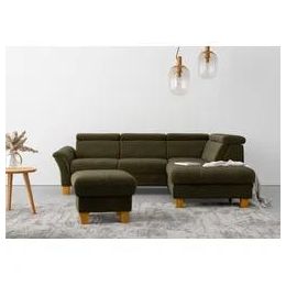 Ecksofa Home Affaire "Lindgren L-Form" Sofas Gr. B/H/T: 249cm x 84cm x 217cm, Struktur, Ottomane rechts, ohne TV-Funktion motorisch-ohne Bettfunktion mit einklappbaren Rollen-ohne Stauraum-ohne Kopfteilverstellung-mit Federkern, grün (khaki) wahlweise mit TV-Funktion, Stauraum und Kopfteilverstellung