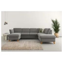 Wohnlandschaft Home Affaire "Trelleborg U-Form" Sofas Gr. B/H/T: 307 cm x 86 cm x 213 cm, Struktur fein, Ottomane rechts, ohne Bettfunktion-ohne Stauraum, grau Federkern-Polsterung, wahlweise mit Bettfunktion und Stauraum