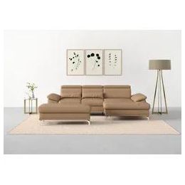 Sit & More Ecksofa SIT&MORE "Cabrio L-Form" Sofas Gr. B/H/T: 295 cm x 87 cm x 180 cm, NaturLEDER, Recamiere rechts, mit Bettfunktion-mit Bettkasten-mit Sitztiefenverstellung-mit Kopfteilverstellung-mit Armteilfunktion-mit 2 Nierenkissen-Bett im Stoff bezogen, braun (cappucino) mit Sitztiefen- und Armteilverstellung sowie Federkern, 2 Nierenkissen