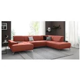 Wohnlandschaft Places of Style "Caluna U-Form" Sofas Gr. B/H/T: 332cm x 81cm x 234cm, Struktur flausch, Recamiere links, orange (terra) mit Sitztiefen- und Kopfteilverstellung