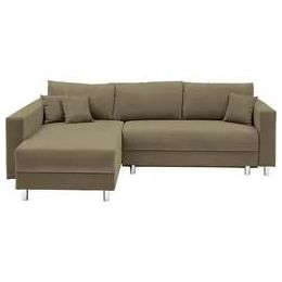 Ecksofa Inosign "Anela L-Form" Sofas Gr. B/H/T: 252cm x 89cm x 192cm, Struktur, Recamiere beidseitig montierbar, grün (olive) inklusive Bettfunktion, Bettkasten, loser Zier- und Rückenkissen