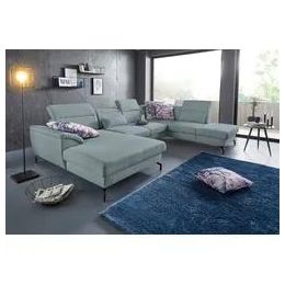 Sit & More Wohnlandschaft SIT & MORE "Percy U-Form" Sofas Gr. B/T: 343cm x 235cm, Feinstruktur, Recamiere links, mit Kopfteilverstellung-mit schwarzem Nickelfuß, blau (aqua) 15 cm Fußhöhe, Sitztiefenverstellung, wahlweise in 2 Fußfarben