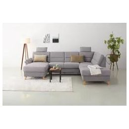 Wohnlandschaft Home Affaire "Westerland U-Form" Sofas Gr. B/H/T: 303 cm x 90 cm x 213 cm, Struktur, Ottomane rechts, mit Bettfunktion, Stauraum und Armlehnfunktion, silberfarben (silber) Federkern, wahlweise Bettfunktion, Stauraum und Armlehn-Verstellung