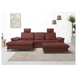 Ecksofa Places of Style "Costello L-Form, mit Sitztiefenverstellung, Armteilverstellung und" Sofas Gr. B/H/T: 301cm x 89cm x 176cm, NaturLEDER, Recamiere links, ohne Bettfunktion-ohne Bettkasten, rot (merlot) 3 Nierenkissen, optional Bettfunktion und Bettkasten