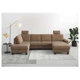 Wohnlandschaft Home Affaire "Summer U-Form" Sofas Gr. B/H/T: 314 cm x 91 cm x 170 cm, Breitcord, Recamiere rechts, mit Bettfunktion-mit Bettkasten-ohne Federkern, braun (latte) mit oder ohne Bettfunktion und Bettkasten, wengefarbene Holzfüße