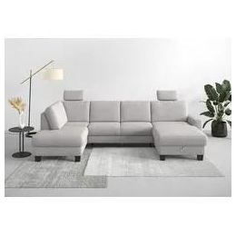 Wohnlandschaft Home Affaire "Summer U-Form" Sofas Gr. B/H/T: 314 cm x 91 cm x 170 cm, Feincord, Recamiere rechts, mit Bettfunktion-mit Bettkasten-ohne Federkern, silberfarben (silber) mit oder ohne Bettfunktion und Bettkasten, wengefarbene Holzfüße