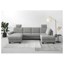 Wohnlandschaft Home Affaire "Summer U-Form" Sofas Gr. B/H/T: 314 cm x 91 cm x 170 cm, Breitcord, Recamiere links, ohne Bettfunktion-ohne Bettkasten-mit Federkern, silberfarben (silber) mit oder ohne Bettfunktion und Bettkasten, wengefarbene Holzfüße