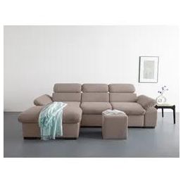 Ecksofa COTTA "Lola L-Form" Sofas Gr. B/H/T: 250cm x 73cm x 165cm, Chenille-Struktur, Recamiere links, Mit Bettfunktion-Mit Bettkasten-Mit Armteilverstellung, grau (taupe) mit Hocker & Kopfteilfunktion, wahlw. Bett- und Armteilfunktion