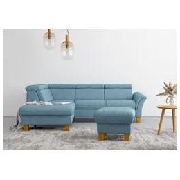 Ecksofa Home Affaire "Lindgren L-Form" Sofas Gr. B/H/T: 249cm x 84cm x 217cm, Struktur, Ottomane links, mit Bettfunktion mit einklappbaren Rollen-mit Stauraum-mit Kopfteilverstellung-ohne TV-Funktion motorisch ohne Stauraum-mit Federkern, blau (eisblau) wahlweise mit TV-Funktion, Stauraum und Kopfteilverstellung