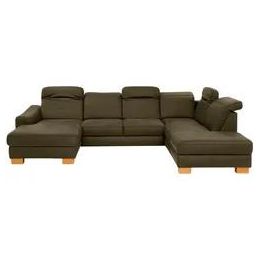 Wohnlandschaft Home Affaire "Dundee U-Form", grün (olive), B:338cm H:86cm T:219cm, Luxus-Microfaser Lederoptik (100% Polyester), Sofas, wahlweise mit Kopfteilverstellung und zusätzlich mit Bettfunktion