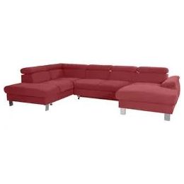 Wohnlandschaft COTTA "Komaris U-Form" Sofas Gr. B: 320 cm, NaturLEDER, Ottomane links, ohne Bettfunktion-ohne Bettkasten-ohne RGB-LED-Beleuchtung-mit Kopfteilverstellung, rot inklusive Kopfteilverstellung, wahlweise mit Bettfunktion und RGB-LED