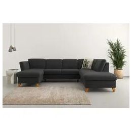 Wohnlandschaft Home Affaire "Trelleborg U-Form" Sofas Gr. B/H/T: 307cm x 86cm x 213cm, Struktur, Ottomane rechts, mit Bettfunktion-mit Stauraum, grau (anthrazit) Federkern-Polsterung, wahlweise mit Bettfunktion und Stauraum