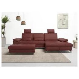 Ecksofa Places of Style "Costello L-Form" Sofas Gr. B/H/T: 301 cm x 89 cm x 176 cm, NaturLEDER, Recamiere rechts, mit Bettfunktion-mit Bettkasten-Bett mit Leder bezogen, rot (merlot) incl. Sitztiefenverstellung und Armlehnfunktion, 3 Nierenkissen