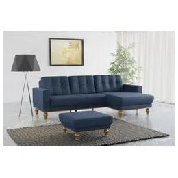 Sit & More Ecksofa SIT & MORE "Orient 5 V L-Form" Sofas Gr. B/H/T: 279cm x 90cm x 167cm, Samtoptik, Recamiere rechts, mit Bettfunktion-mit Bettkasten, blau mit Strass-Stein, wahlweise Bettfunktion und Bettkasten