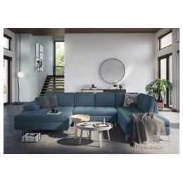 Sit & More Wohnlandschaft SIT&MORE "Latigo U-Form" Sofas Gr. B/T: 346 cm x 201 cm, Flachgewebe, mega-Recamiere links, mit Bettfunktion-mit Bettkasten, blau (pacific) mit Mega-Recamiere, wahlweise Bettfunktion und Bettkasten