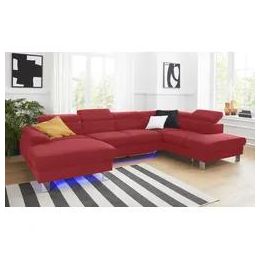 Wohnlandschaft COTTA "Komaris U-Form" Sofas Gr. B: 320 cm, Kunstleder SOFTLUX, Ottomane rechts, ohne Bettfunktion-ohne Bettkasten-ohne RGB-LED-Beleuchtung-mit Kopfteilverstellung, rot (red) inklusive Kopfteilverstellung, wahlweise mit Bettfunktion und RGB-LED