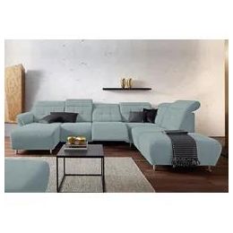 Wohnlandschaft Places of Style "Manhattan U-Form" Sofas Gr. B/H/T: 345cm x 102cm x 247cm, Struktur, Ottomane rechts, blau (aqua) 2 Sitze mit elektrischer Relaxfunktion, verstellbare Armlehnen