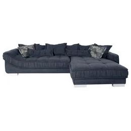 Ecksofa Inosign "Diwan L-Form" Sofas Gr. B/H/T: 333cm x 90cm x 202cm, Struktur fein, Recamiere rechts, blau (marine) mit vielen losen Kissen, Faltenwurf und Steppung im Sitzbereich