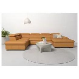 Wohnlandschaft Home Affaire "Alberto U-Form" Sofas Gr. B/H/T: 350cm x 73cm x 228cm, NaturLEDER, Recamiere rechts, mit Bettfunktion-Bett mit Stoff bezogen, gelb (curry) inkl. Kopfteilverstellung, wahlweise mit Bettfunktion