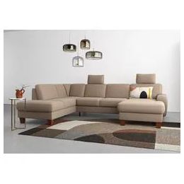 Wohnlandschaft Home Affaire "Vision U-Form" Sofas Gr. B/H/T: 315 cm x 90 cm x 215 cm, Easy care, Ottomane links, mit Bettfunktion-mit Stauraum, grau (taupe) wahlweise mit Bettfunktion und Stauraum, auch in Easy Care-Bezug