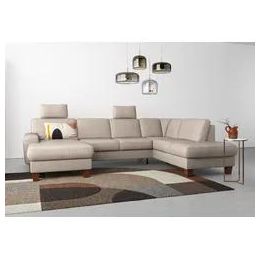 Wohnlandschaft Home Affaire "Vision U-Form" Sofas Gr. B/H/T: 315 cm x 90 cm x 215 cm, Luxus-Microfaser Lederoptik, Ottomane rechts, mit Bettfunktion-mit Stauraum, grau (hellgrau) wahlweise mit Bettfunktion und Stauraum, auch in Easy Care-Bezug