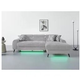 Ecksofa COTTA "Mia L-Form" Sofas Gr. B/H/T: 236cm x 74cm x 164cm, Chenille, Recamiere rechts, Mit Bettfunktion-mit Bettkasten-mit RGB-LED-Beleuchtung-mit Wireless Charger, grau 3-tlg.-Kissen-Set, Recamiere, wahlweise mit oder ohne RGB-Beleuchtung