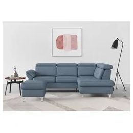 Sit & More Ecksofa SIT & MORE "Arngast L-Form" Sofas Gr. B/H/T: 245cm x 84cm x 194cm, NaturLEDER, Ottomane rechts, mit Bettfunktion-mit Bettkasten-Bett mit Stoff bezogen, bunt (greyblue) inklusive Kopfteilverstellung und Federkern