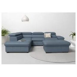 Ecksofa Home Affaire "Alberto L-Form" Sofas Gr. B/H/T: 272cm x 73cm x 226cm, Material, Ottomane links, ohne Bettfunktion, blau (graublau) mit Kopfteilverstellung, wahlweise Bettfunktion