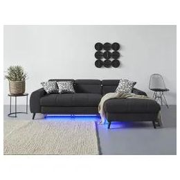 Ecksofa COTTA "Mia L-Form" Sofas Gr. B/H/T: 236cm x 74cm x 164cm, Microfaser, Recamiere rechts, Ohne Bettfunktion-ohne Bettkasten-mit RGB-LED-Beleuchtung-ohne Wireless Charger, schwarz 3-tlg.-Kissen-Set, Recamiere, wahlweise mit oder ohne RGB-Beleuchtung