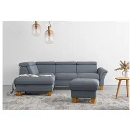 Ecksofa Home Affaire "Lindgren L-Form" Sofas Gr. B/H/T: 249 cm x 84 cm x 217 cm, Chenille, Ottomane links, ohne TV-Funktion motorisch-ohne Bettfunktion mit einklappbaren Rollen-ohne Stauraum-ohne Kopfteilverstellung-ohne Federkern, blau (hellblau) wahlweise mit TV-Funktion, Stauraum und Kopfteilverstellung