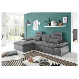 Ecksofa ED EXCITING DESIGN "Jakarta L-Form" Sofas Gr. B/H/T: 268cm x 103cm x 170cm, Webstoff-Kunstleder, Recamiere links, grau mit Bettfunktion, Kopfstützen, Nierenkissen, Armteilverstellung