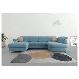 Sit & More Wohnlandschaft SIT&MORE "Apulia U-Form" Sofas Gr. B/H/T: 304 cm x 78 cm x 192 cm, Struktur weich, Ottomane rechts, ohne Bettfunktion-ohne Bettkasten-mit Armteilverstellung-mit Kopfteilverstellung, blau (hellblau) wahlweise Bettfunktion, Bettkasten und Kopf- Armteilverstellung