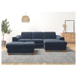 Ecksofa Home Affaire "Dundee L-Form" Sofas Gr. B/H/T: 264cm x 86cm x 170cm, Flachgewebe, Recamiere rechts, inkl.Kopfteilverstellung-ohne Bettfunktion-ohne Bettkasten-ohne relax Funktion, blau (graublau) wahlweise mit Kopfteilverstellung und zusätzlich Bettfunktion