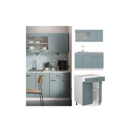 VICCO K&uuml;chenzeile R-Line Solid Wei&szlig; Blau Grau 140 cm Arbeitsplatte modern K&uuml;chenschr&auml;nke K&uuml;chenm&ouml;bel