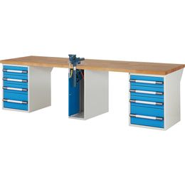 eurokraft pro Werkbank, Baukastensystem Serie 7000, 8 Schubladen, 1 Schraubstock mittig, BxT 3000 x 900 mm