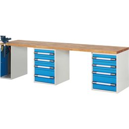eurokraft pro Werkbank, Baukastensystem Serie 7000, 8 Schubladen, 1 Schraubstock linksseitig, BxT 3000 x 700 mm