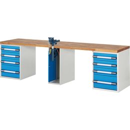 eurokraft pro Werkbank, Baukastensystem Serie 7000, 8 Schubladen, 1 Schraubstock mittig, BxT 3000 x 700 mm