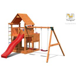 Fungoo - Spielturm 'Big Leader Move Red' teak mit Doppelschaukel, Rutsche, Kletterwand, Holzdach und Sandkasten