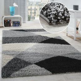 Paco Home - Shaggy Teppich Hochflor Langflor Weich Geometrisch Gemustert Grau Schwarz 160x220 cm